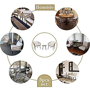 Homsido 3-Piece Outdoor Rattan Patio Furniture Set, Bohemian Simple Wicker Patio Chair Conversation Indoor Sets with Coffee Table and Waterproof Cushion