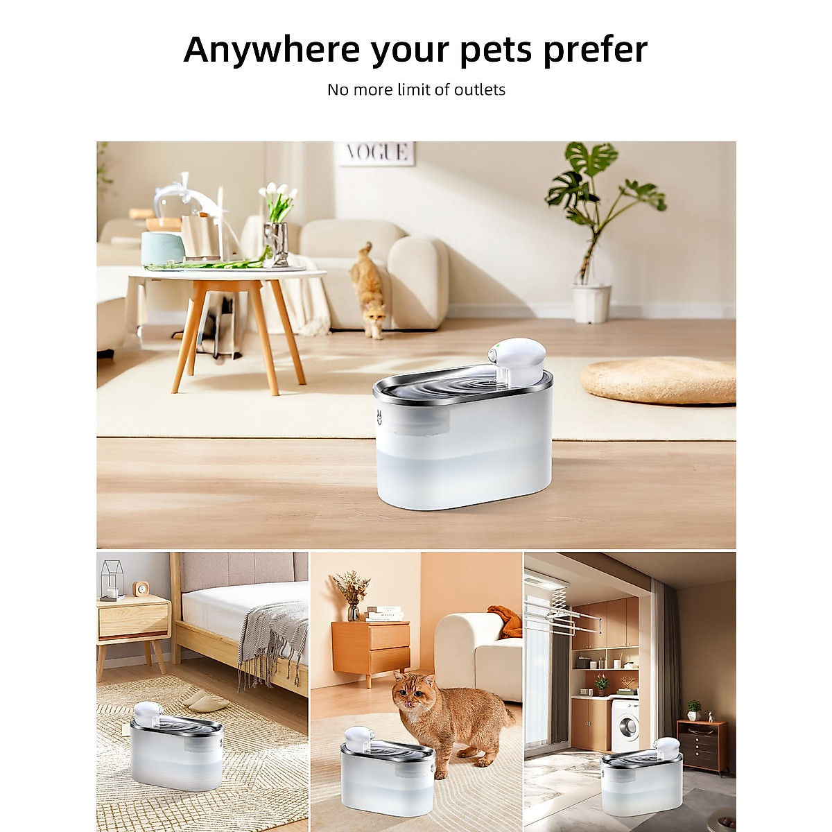 HABWES Cat Water Fountain with Stainless Steel Tray, Battery Operated Pet Drinking Fountain with 3 Filters, Motion Sensor Automatic Water Dispenser for Dogs Small Animals