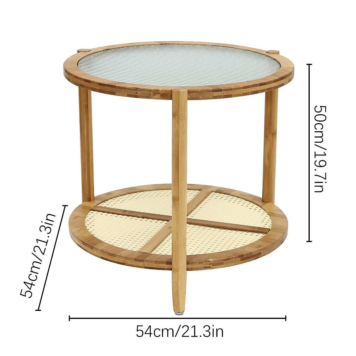 PaNeTnya 22 inch Bamboo Side Table End Table,2 Tier Round Side Table with Rattan Shelf and Glass Tabletop,Coffee Table for Living Room,Dining Room and Bedroom