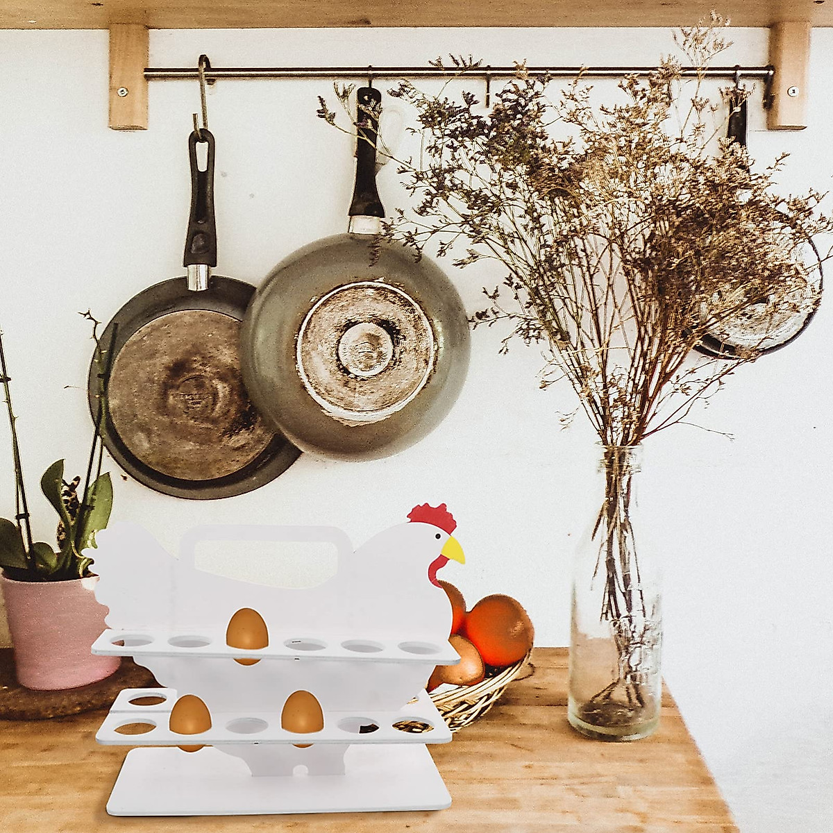 DOITOOL Fridge Egg Holder Wooden Egg Holder Chicken Shape Egg Dispenser Rack Egg Display Stand Egg Holder Carrier with Handle for Home Kitchen Accessory Tray