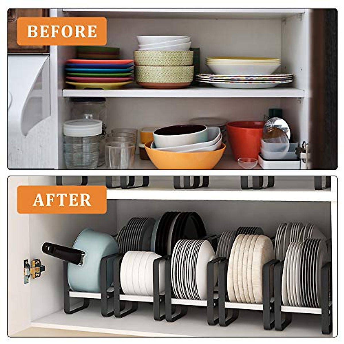 Akamino Large Plate Holders Organizer, Metal Dish Storage Dying Display Rack for Kitchen Cabinet Countertop - Non-Slip & Rustproof（White & Black）