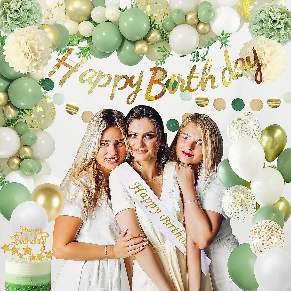 Upgraded Sage Green Birthday Party Decorations for Girls Women with Happy birthday Sash,Banner,Tissue Pompoms,Circle Dots Garland,Paper Tassels Garland, cake topper for Her Birthday Decor (sage green)