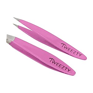 Tweezty Tweezer Set for Travel - Mini Slant Tweezers and Precision Tweezers - Tweezers for Eyebrows and Tweezers for Ingrown Hair - Pink Tweezers Kit with Travel Case
