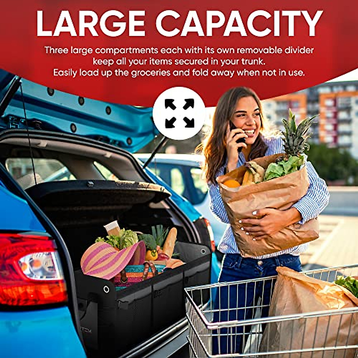 FORTEM Car Trunk Organizer, SUV Trunk Organizer, Car Storage Organizer, Collapsible Multi Compartment Car Organizer, Non Slip Bottom, Adjustable Securing Straps, Foldable Cover (3 Compartments, Grey)