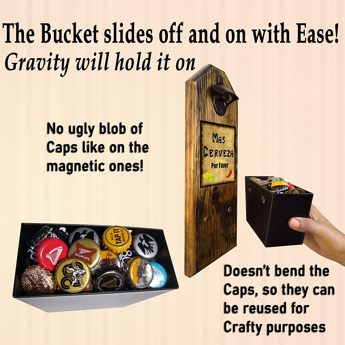 Mas Cerveza Wall Mounted Bottle Opener and Cap Catcher - Handcrafted by a Vet - 100% Solid Pine 3/4 inch Thick - Rustic Cast Iron Bottle Opener and Galvanized Bucket - To Empty, Twist the Bucket