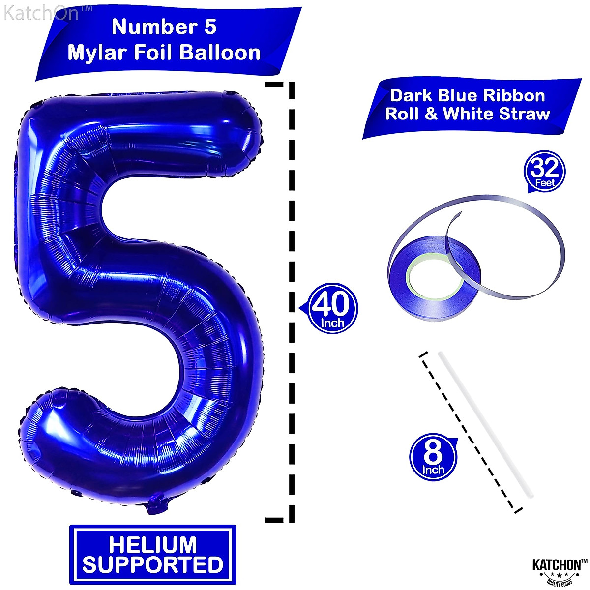 KatchOn, Navy Blue Number 5 Balloon - Big, 40 Inch | 5th Birthday Decorations for Boys, 5 Year Balloon | 5th Birthday Balloons, 5th Birthday Boy | Balloon 5 Year Old, Fifth Birthday Decorations Boy