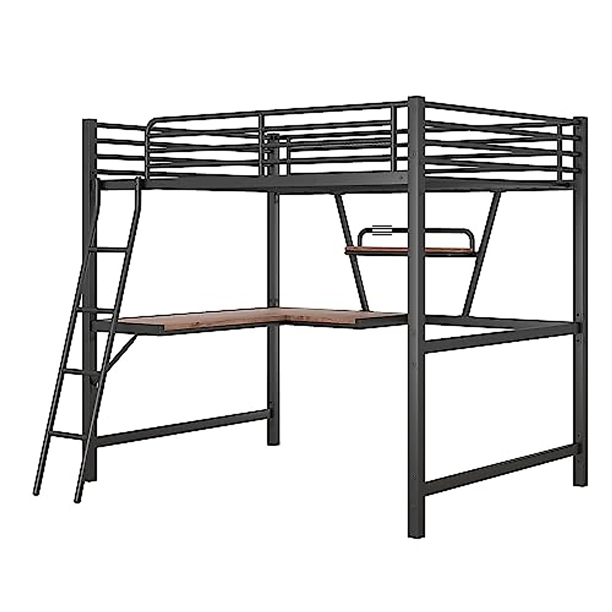Lifeand Full Size Loft Metal&MDF Bed with Desk and Shelf, Black