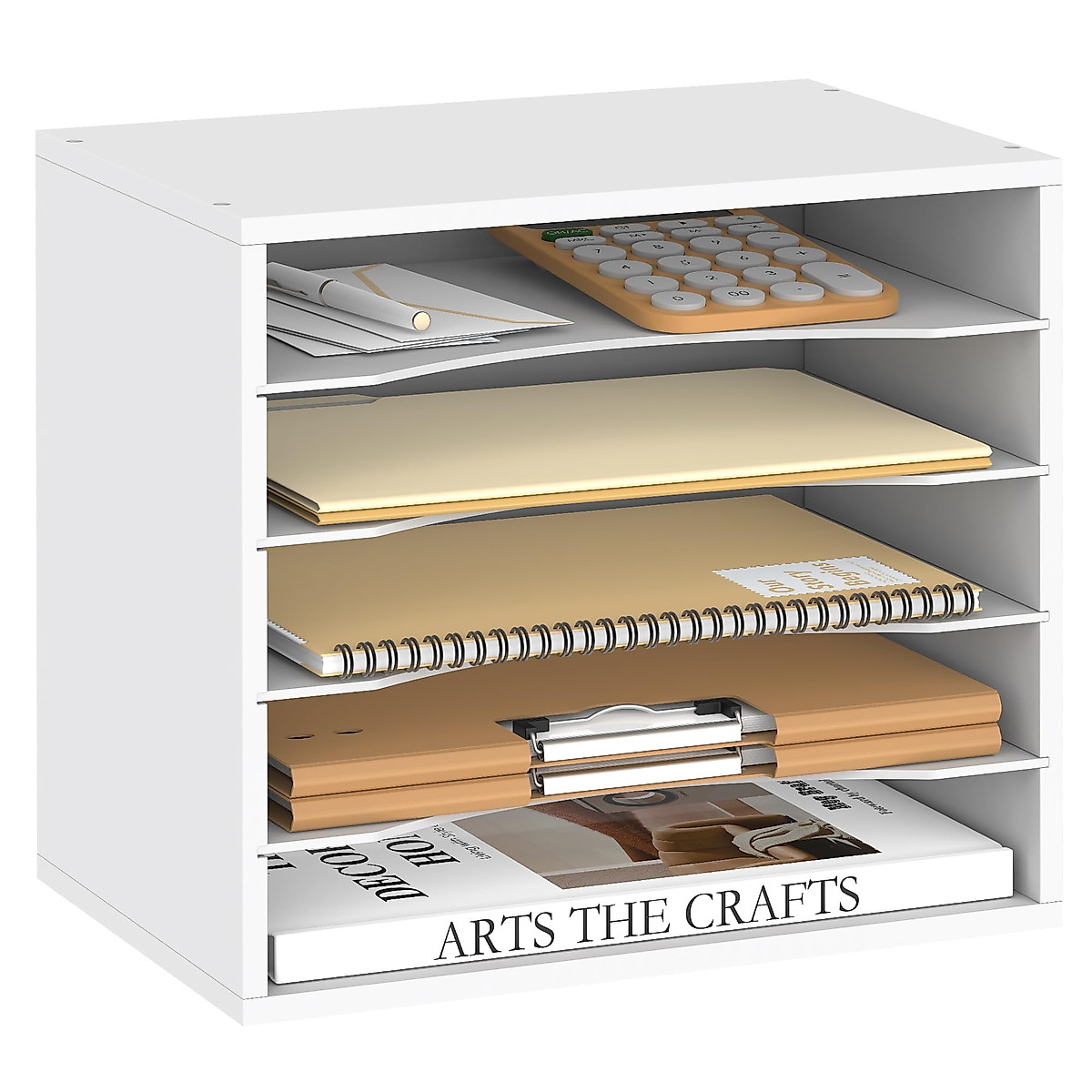 SHARKWOODS 5-Tier Paper Organizer for Desk, Wood Desktop Organizer with Adjustable Letter Tray, Mail Sorter for Office School & Home, White