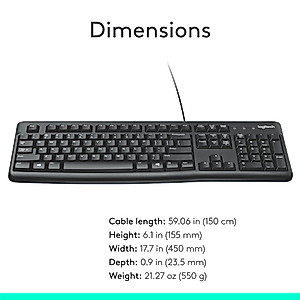Logitech K120 Wired Keyboard for Windows, Plug and Play, Full-Size, Spill-Resistant, Curved Space Bar, Compatible with PC, Laptop - Black
