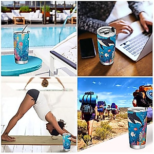 sanluoli Some Dolphin Sea Animals Blue Stainless Steel insulated water bottle with Straw Lid coffee travel mug 20oz for Home, Office or Car Aesthetic Vacuum Insulated Tumbler 20 OZ