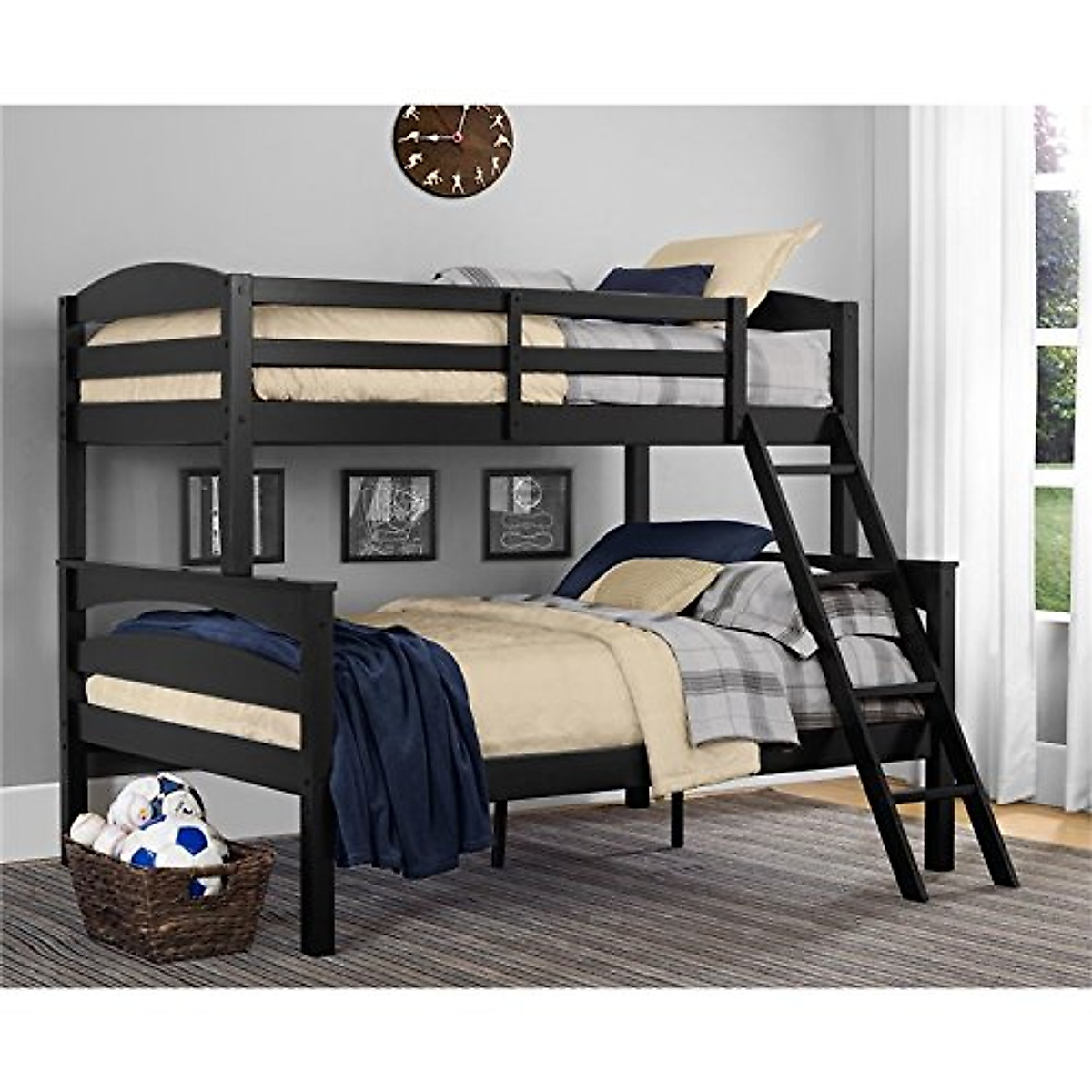 Dorel Living Brady Solid Wood Bunk Beds Twin Over Full with Ladder and Guard Rail, Black