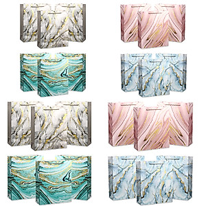24 Pieces Gift Bags Marble Pattern Treat Bags Small and Medium Size Gift Wrap Bags Gold Foil Paper Bags with Handle for Birthday Wedding Baby Shower Christmas Anniversary Party Favors, 4 Colors