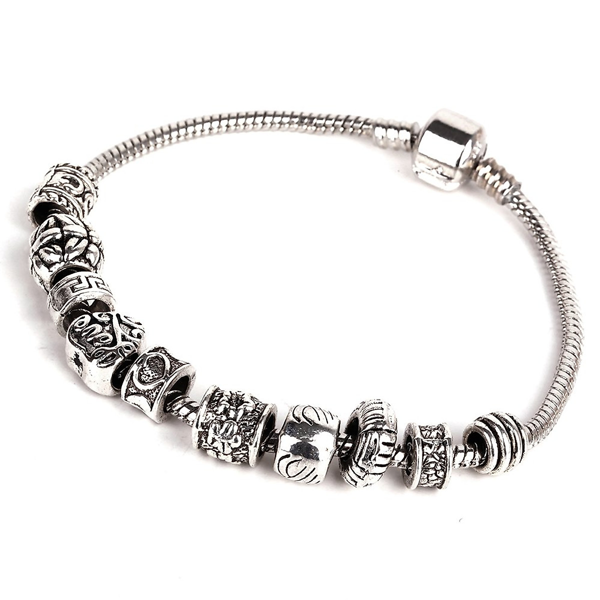 RUBYCA Tibetan Silver Tone Color Spacer Loose Beads and 1pcs European Charm Bracelet Mix 100pcs DIY