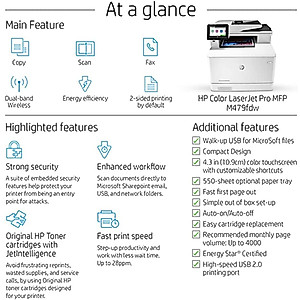 HP Laserjet Pro M479fdw All-in-One Wireless Color Laser Printer, White - Print Scan Copy Fax - 28 ppm, 600x600 dpi, 50-Sheet ADF, Auto Duplex Printing, Ethernet, Cbmou Printer＿Cable