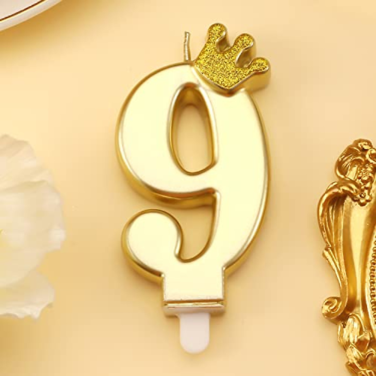 3.9inch Birthday Number Candle, Large 3D Number Birthday Candles for Cake with Glitter Crown Decor Cake Topper Candle for Wedding Ceremony Anniversary Festival Party (Gold, 9)