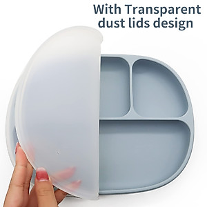 Toddler Plates with Lid Weaning Spoon Fork Set, Santi & Me Silicone Baby Plates with Suction Solid Feeding Dishes and Utensils Set - BPA Free, Microwave & Dishwasher Safe(Dusty blue)