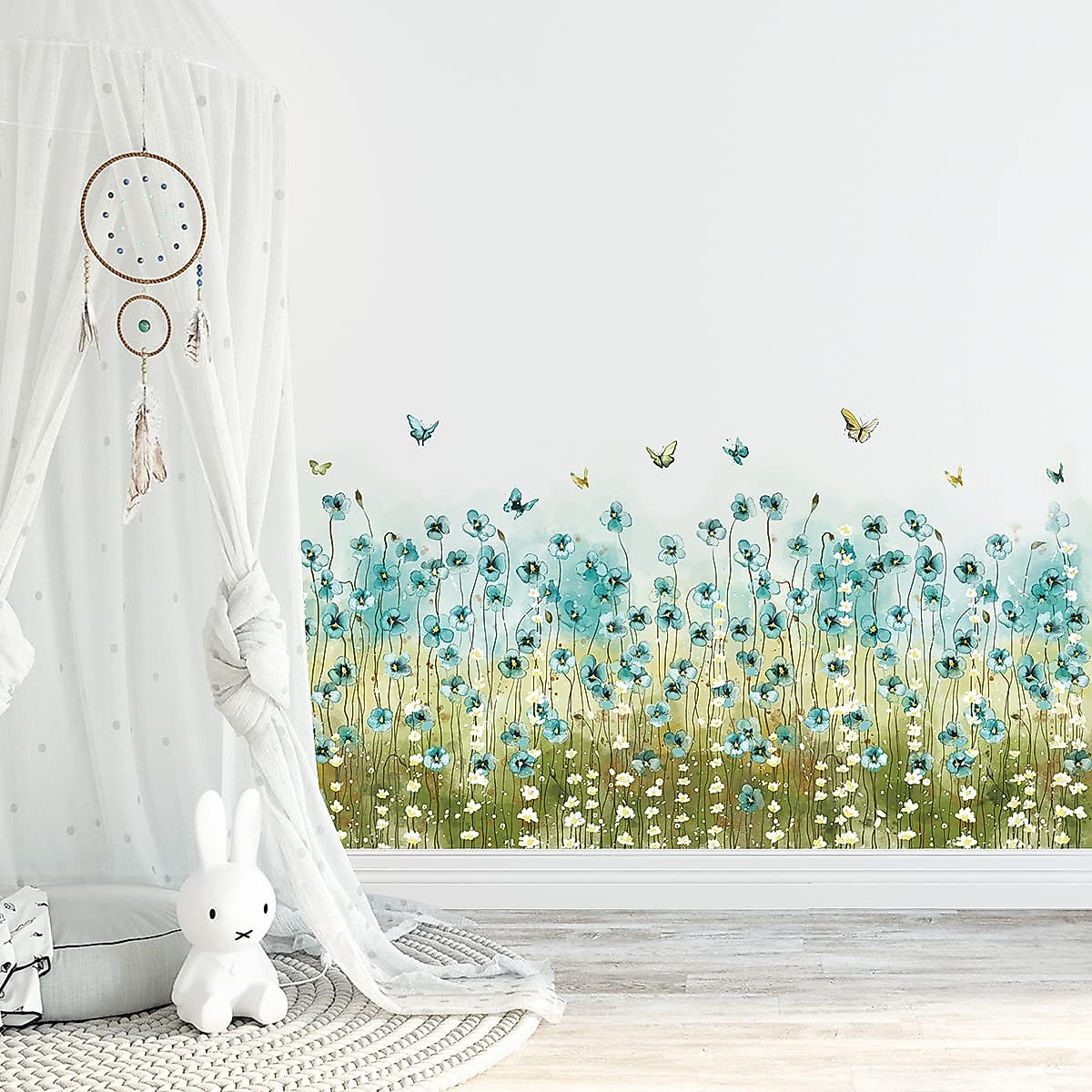 LiveGallery Blue Flowers Wall Decals White Daisy Wall Stickers DIY Peel and Stick Butterfly Plants Wall Sticker for Baby Kids Girls Bedroom Nursery Living Room Office Corners Skirting Lines