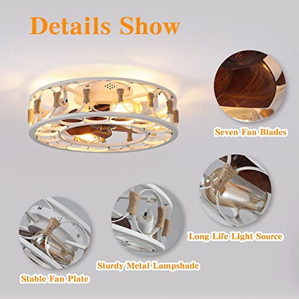 BUXVRCS 19.68'' Flush Mount Caged Ceiling Fan with Lights, Farmhouse Rustic Low Profile Ceiling Fans, 4-Light Vintage Enclosed Ceiling Fan Lighting Fixture Remote Control (Including 5 Bulbs) (White)