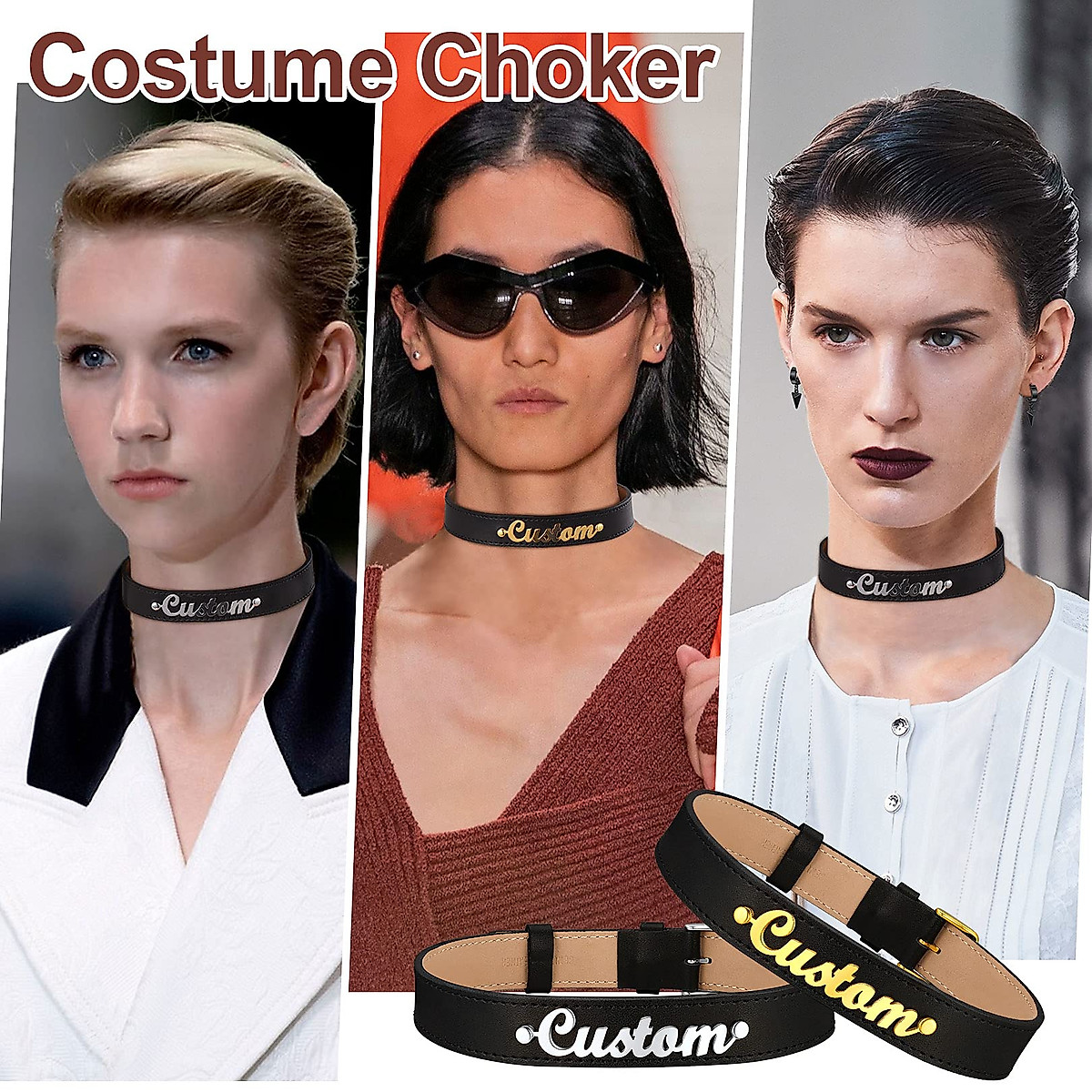 FOCALOOK Customized Thick Choker DIY Platinum Plated Initials Personalized 19MM Wide Chunky Black Leather Collar with Custom Names Women Costume Jewelry 15-17 Inch Adjustable