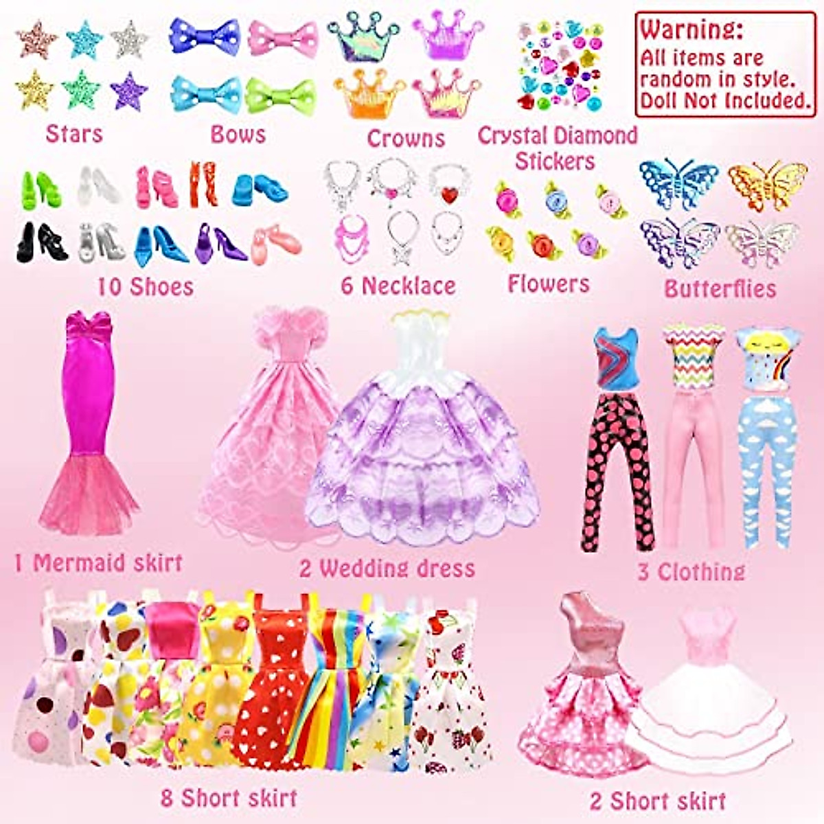 75Pcs Doll Clothes and Accessories Fashion Design kit for 11.5 Inch Doll Dress Up Including 2 Wedding Gown Dresses 1 Fashion Dress 2 Party Dress 8 Mini Dresses 3 Tops and Pants 10 Shoes 6 Necklaces