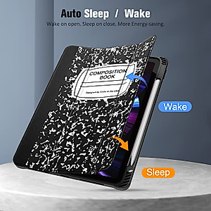 Fintie SlimShell Case for iPad Pro 11-inch (4th / 3rd Generation) 2022/2021 - Soft Flexible TPU Stand Back Cover with Pencil Holder, Also Fit iPad Pro 11" 2nd / 1st Gen, Composition Book Black