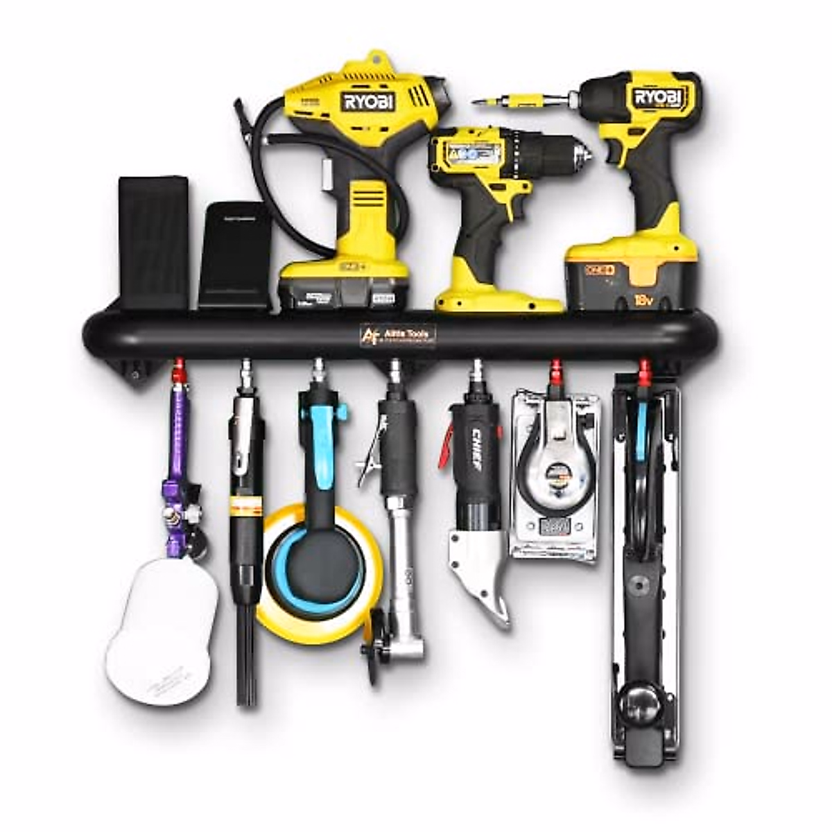 AT Universal Air Tools Holder with 7 Slots - Alitis Heavy Duty Garage Power Tool Organizer Wall Mount Plastic Cordless Power Tool Organizer and Storag