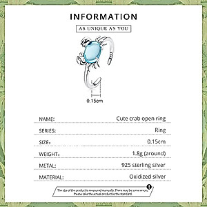 Cute Crab Sterling Silver Open Statement Rings for Women Blue Diamond Crystal CZ Wedding Engagement Ring Eternity Promise Band Adjustable Finger Bands Lovely Jewelry