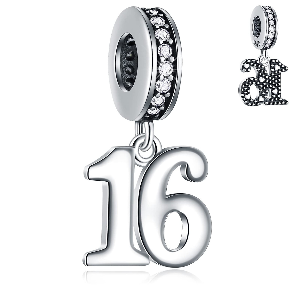 16 Birthday Dangle Charms fits Pandora Anniversary Bracelet, 925 Sterling Silver 16th Celebration Pendant Beads with CZ, Sweet Number 16 Years Gifts for Sister/Daughter/Son