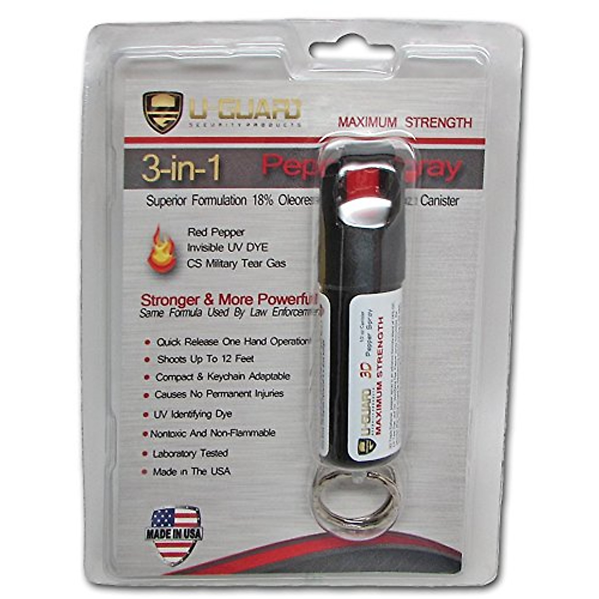 Pepper Spray Keychain Self Defense Long Range Police Strength Strongest Tear Gas Formulation. Powerful Lab Tested Red Hot Pepper OC, Military CS Gas & UV Identifying Dye. Compact Non-Lethal Weapon