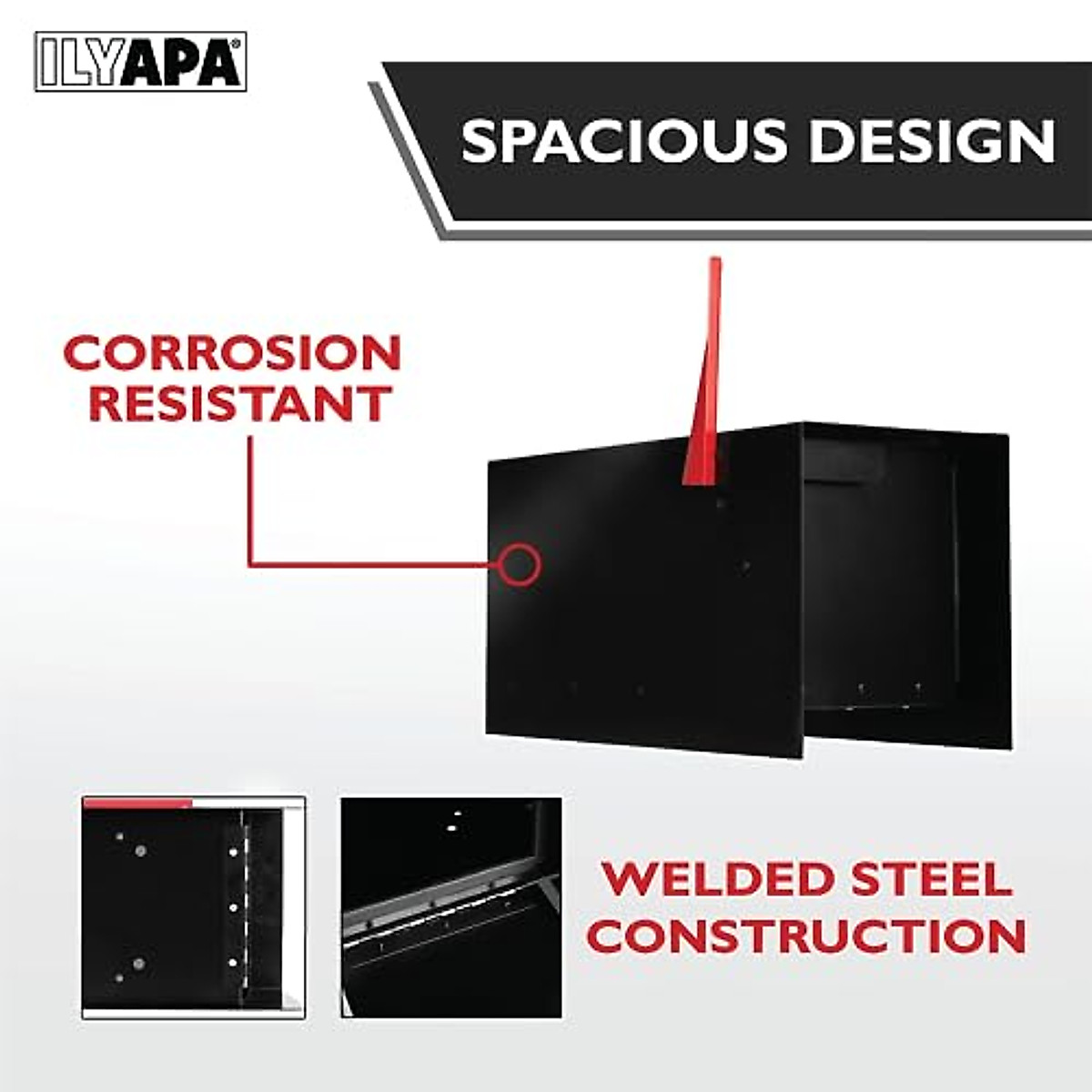 Ilyapa Tab Design Mailbox, Ready to Post Mount - All Black Powder Coated Steel Heavy Duty Curbside Welded Mailbox, All Weather Durable & Corrosion Resistant, Stainless Steel Hinges & Magnetic Door