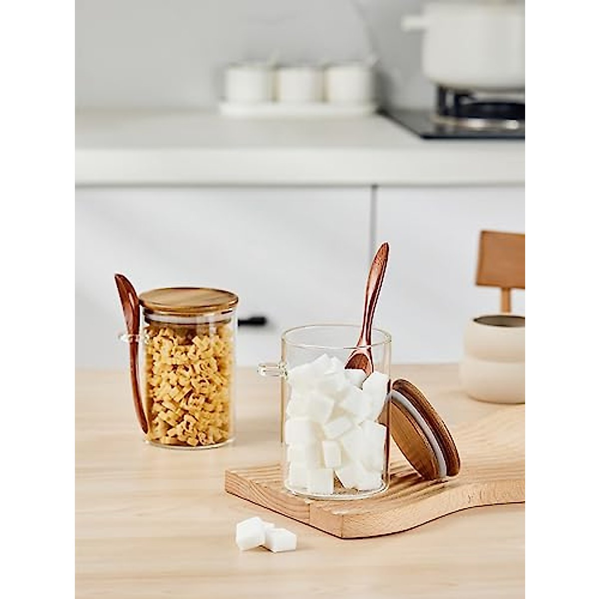 Sweejar Glass Jars with Bamboo Lids and Spoons, Overnight Oats Containers with Lids, Coffee Tea Sugar Yogurt Container Set, 17 ounces, Set of 4(Handle Lid)