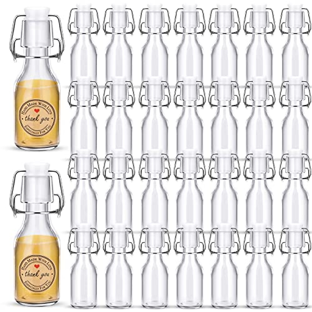 ZSMKJIAYE 30 PCS Mini Flip Top Glass Bottle with Stoppers Decorative Swing Top Bottles Small Glass Bottles with Lids Kraft Adhesive Round Stickers for Wedding Themed Party (4OZ/120 ml)