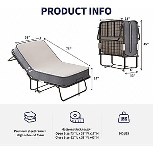 ijuicy Folding Bed with 4" Mattress, 75" x 38" Rollaway Bed with 4 Lockable Wheels & Strong Sturdy Frame, Portable Foldable Bed with Mattress for Adults, Guests