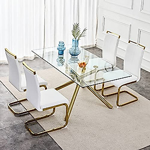 71inch Glass Dining Table for 6, Rectangle Kitchen Table with Golden Legs, Marble Texture Top Dining Table for 8, Dinner Dining Room Table for Home Kitchen Meeting Banquet