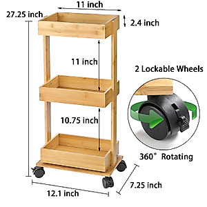 TOPZEA Slim Storage Cart, 3-Tier Bamboo Rolling Utility Cart Standing Rack on Wheel, Mobile Shelving Unit Organizer Serving Trolley Slide Out Cart for Office Bathroom Kitchen Laundry Room(Upgraded)