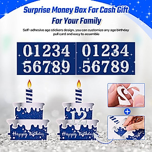 TOYEISHI Birthday Money Pull Box for Cash Gift with DIY Self-Adhesive Stickers for Any Age, Happy Birthday Money Box for Cash Gift Pull Out Cake Card and 100Pcs Bags, Birthday Party Decor Ideas-Blue
