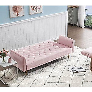 Tufted Upholstered Velvet Modern Futon Loveseat Sleeper Sofa Bed Convertible Couch Daybed,Folding Sofá Beds Recliner,Small Love Seat 2-Seat Couches with Toss Pillows&Metal Legs for Living Room