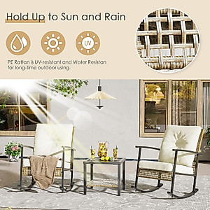 SDMY Rocking Bistro Set, Outdoor Wicker Furniture Sets, Patio Conversation Furniture Set with 2 Rockers and 1 Metal Coffee Table with Thick Cushions, Poolside, Garden, White