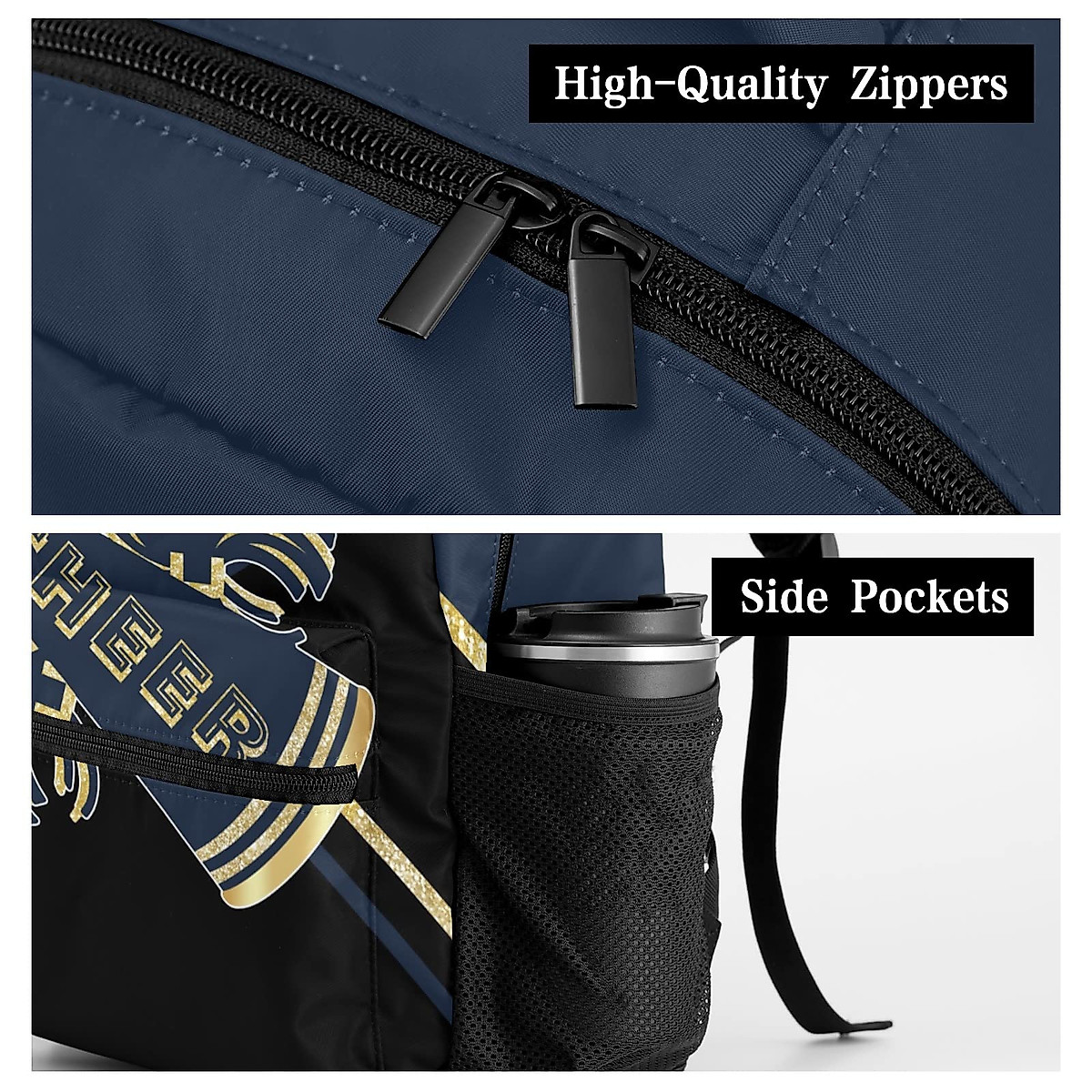 BigBigift Personalized Cheer Navy Black Cheerleaders Multifuction Backpack with Name Text for Women Men Gift, 12.2(L)x5.9(W)x16.5(H)inch