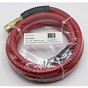 YOTOO Rubber Lead-in Air Hose 3/8-Inch by 10-Feet 300 PSI Heavy Duty, Kink Resistant, All-Weather Flexibility with 1/4-Inch Brass Male Fittings, Bend Restrictors, Red