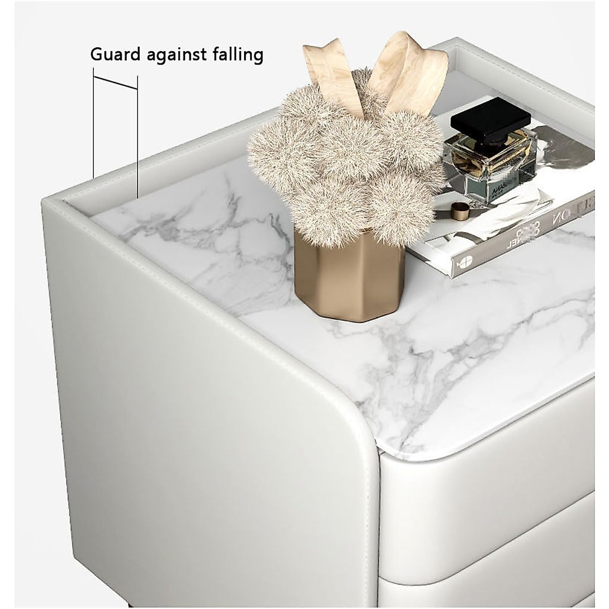 Bedside Table Mid-Century Modern Nightstand Faux Leather Bedside Table W/Marble Pattern Sintered Stone Top Side Table Wood 3 Drawer Bedroom Cabinet Chest of Drawers (Color : Black, Size : 50X40X69cm