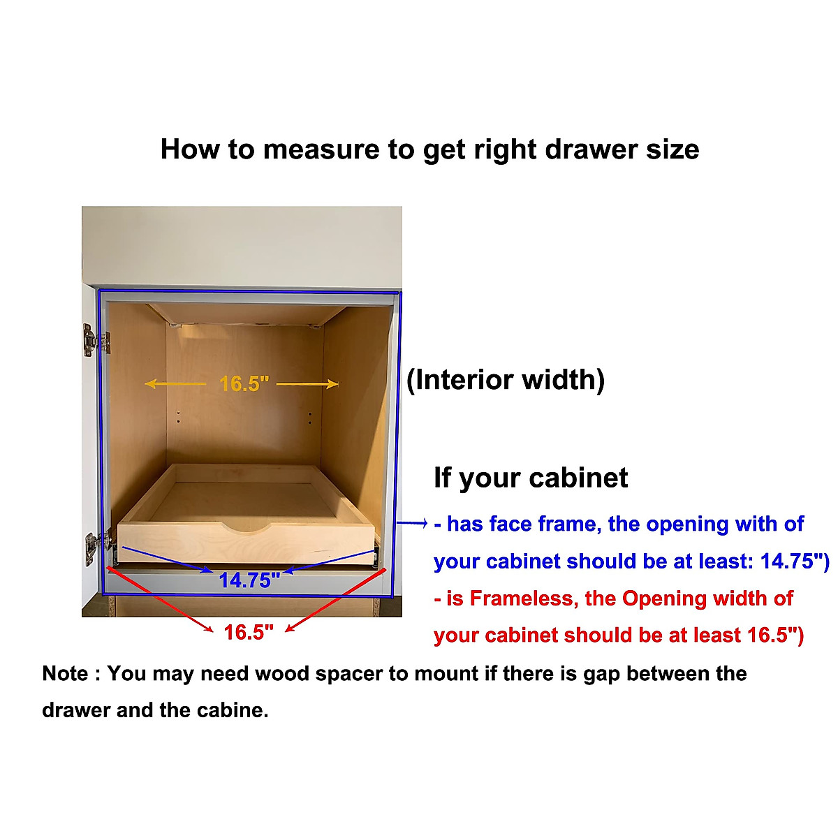 COUVER Pull Out Soft Close Cabinet Organizer, Wood Drawer Slide Out Shelves for Kitchen, 16.5"(W) x 21.25"(D) X 4"(H), Soft-Close Rail with Spacer, Side Mount, Bottom Mount