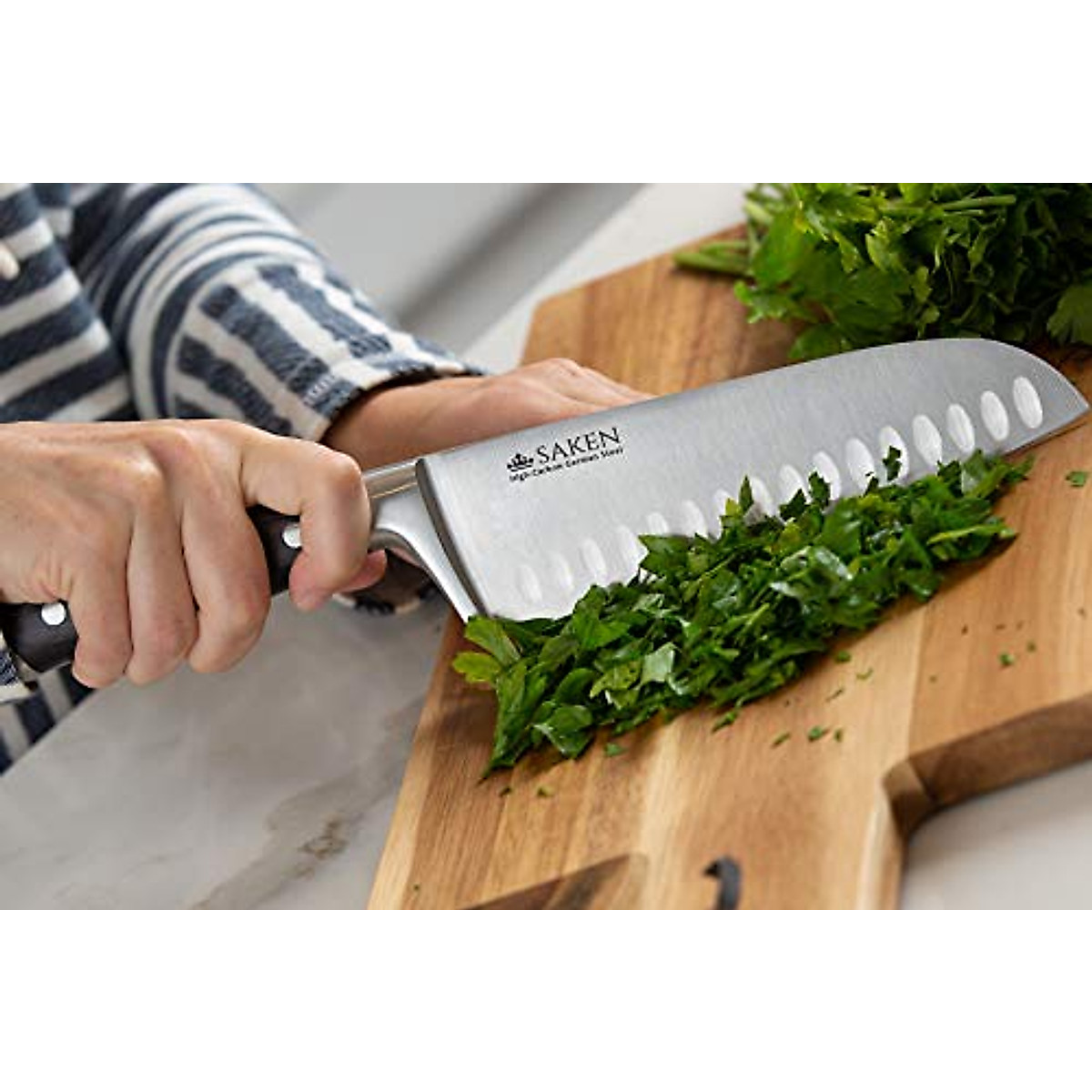 SAKEN Santoku Knife - 7-Inch Japanese Chef Knife with High-Carbon German Steel Blade, Granton Edge, and Ergonomic Handle - Multipurpose Kitchen Knife for Mincing, Slicing, and Dicing