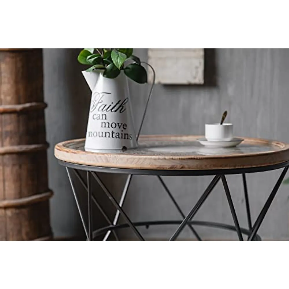 DAKVO Solid Round Wood Coffee Table, Round Coffee Tables Living Room Vintage Carved, Tempered Glass Panel with Wrought Iron Base Bracket, 25.98W X 20.27H in