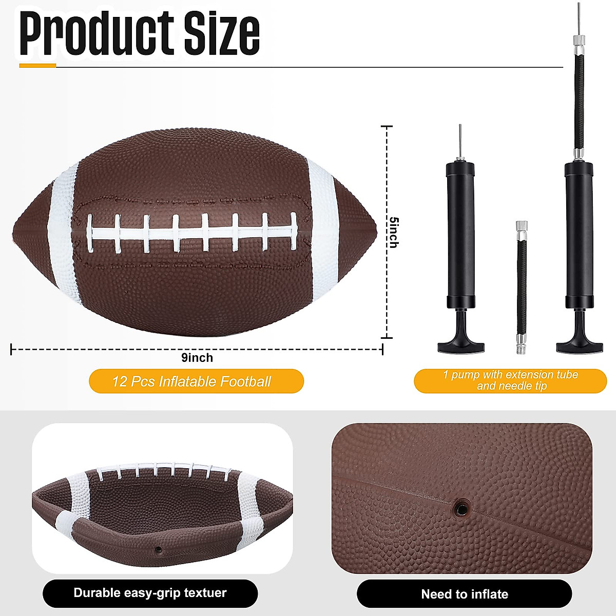 12Pcs Mini Inflatable Football Small Playground Inflatable Football Toys with Pump Needle for Kids Junior Youth Outdoor Indoor Game Football Party Favors (9 Inch)