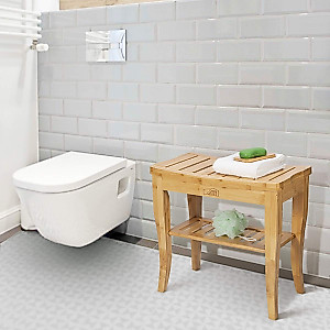 OasisCraft Bamboo Shower Bench and Chair with Free Soap Dish, 19" Waterproof Bamboo Shower Seat Bench with Shelf, Wooden Bathroom Seat Stool Spa Bath Organizer, Perfect for Indoor Outdoor