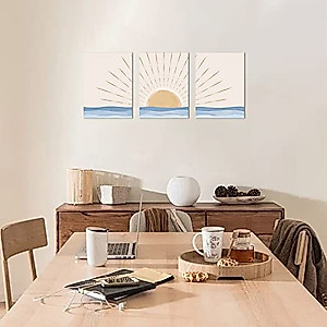 Boho Wall Art Set of 3, Neutral Geometric Sun Rising on the Sea Minimalist Art Framed Canvas Prints Artwork, Mid Century Modern Boho Sun Wall Art Decor for Bathroom, Bedroom, Living Room, Office