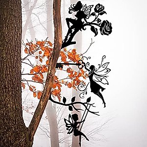 Hotop 3 Pieces Fairy Silhouette Statue Metal Fairy Branch Decoration Steel Fairy Metal Craft Outdoor Garden Butterfly Flower Decor Branch Tree Metal Art for Indoor Outdoor Home Yard Patio Lawn
