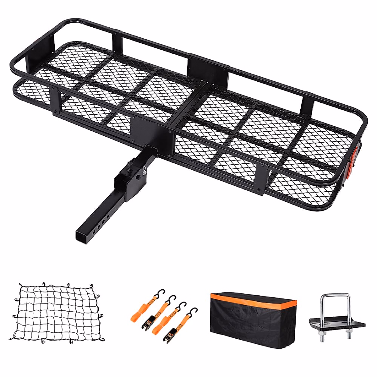 Basket Trailer Hitch Cargo Carrier 60"x 21" Folding Trailer Hitch Luggage Rack with Cargo Bag and Net, 550 LBS Capacity Vehicle Cargo Carriers Hitch Mount Fit 2" Receiver for SUV, Truck, Car