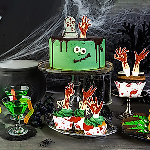72PCS Halloween Cupcake Toppers Supplies 36 PCS Zombie Hand Tombstone Cupcake Toppers And 36 PCS Horror Red Handprint Cupcake Wrapper For Halloween Party Zombie Theme Party